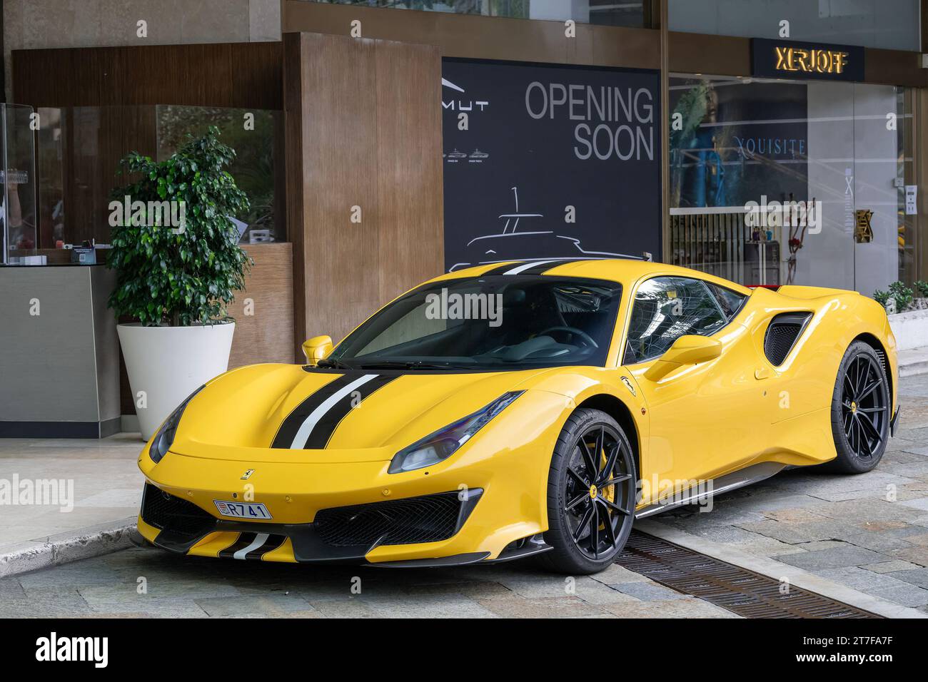 Monte Carlo, Monaco - Yellow Ferrari 488 Pista parked in front of the ...