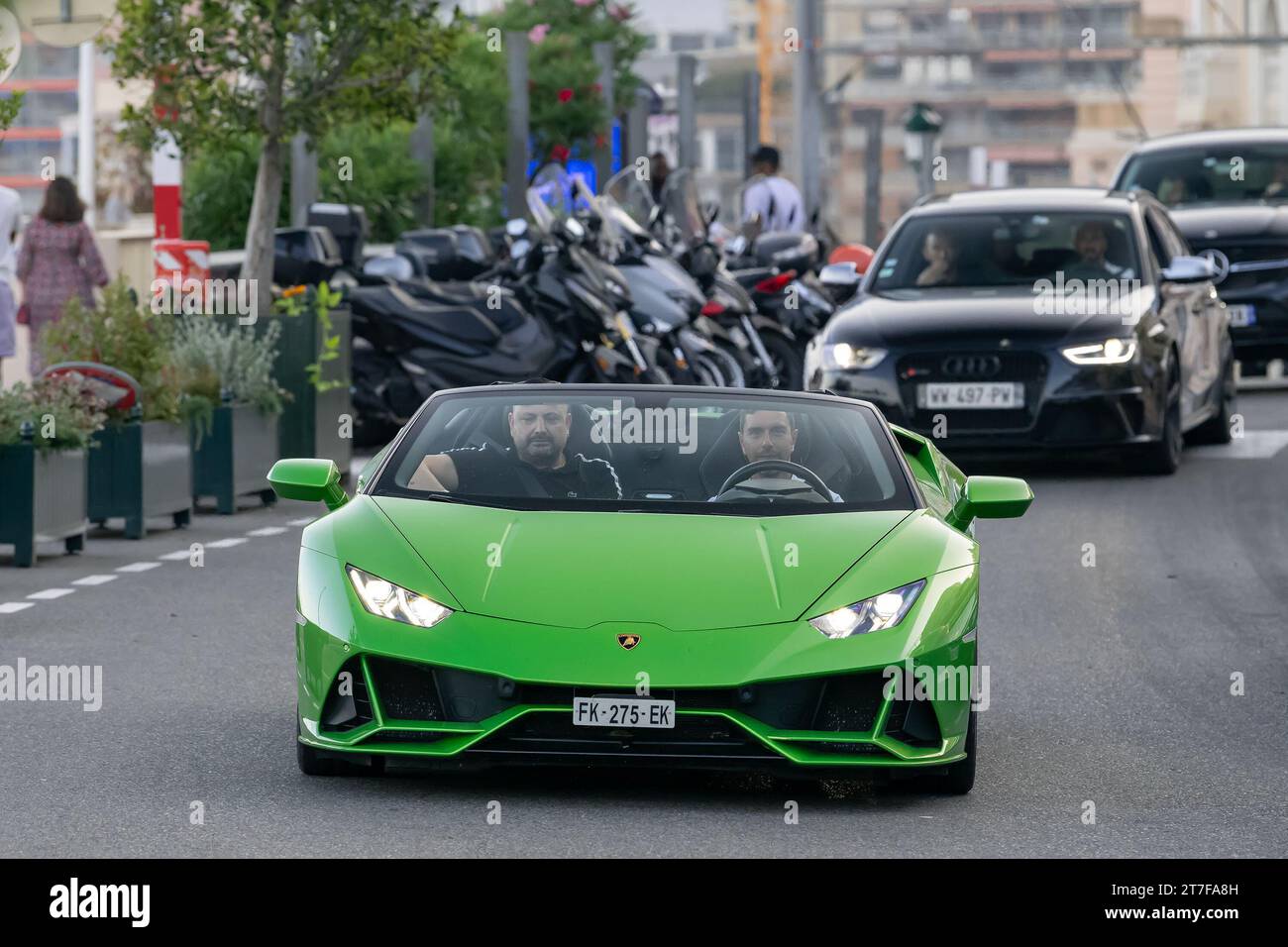 Monte Carlo, Monaco - Green Lamborghini Huracán EVO Spyder driving on ...