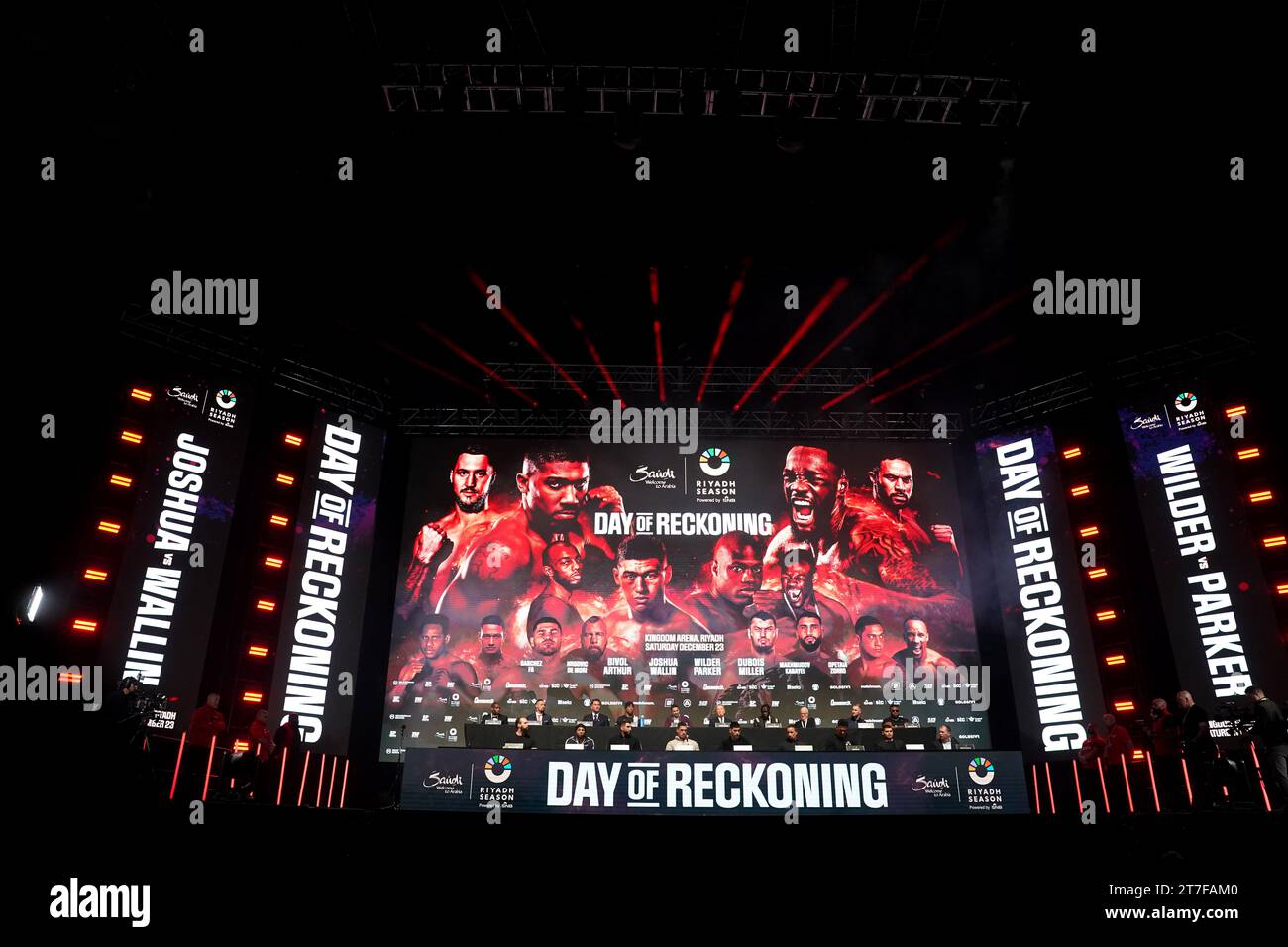 General view of the stage on boxers and promoters inside the OVO Arena ...