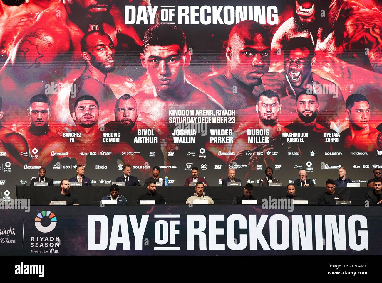 General view of the stage on boxers and promoters inside the OVO Arena ...