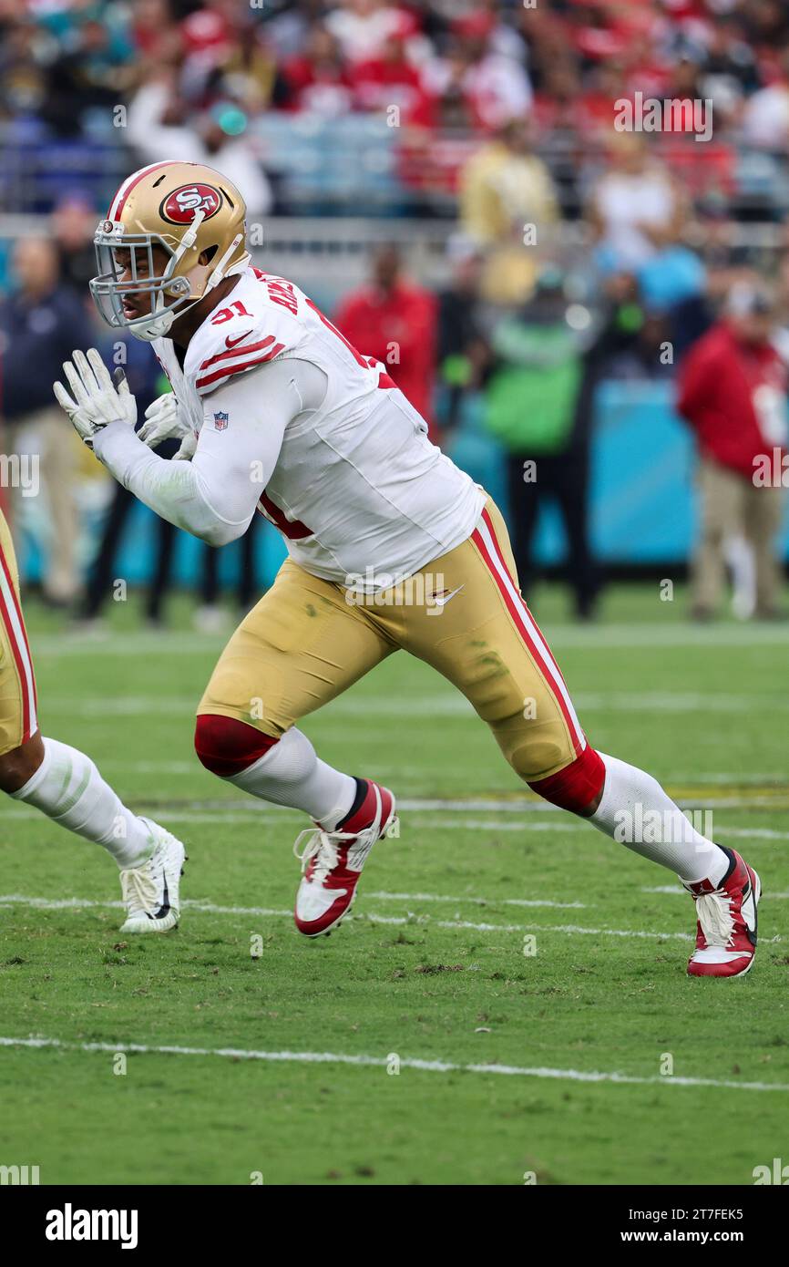 San Francisco 49ers defensive end Arik Armstead (91) reacts to the snap ...