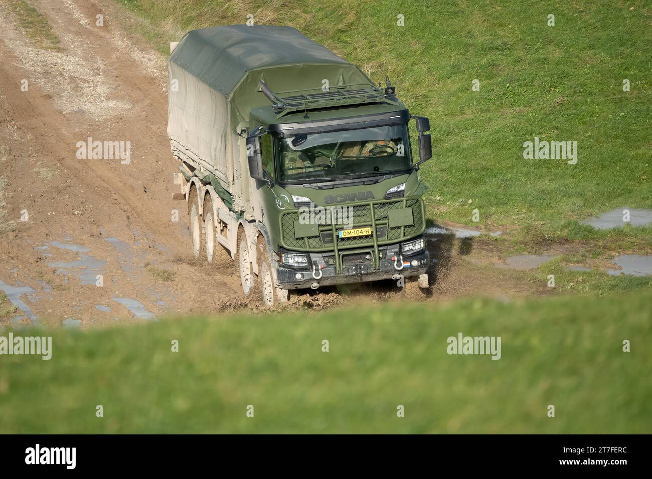 a Dutch (Netherlands) army Scania utility truck in action on a military ...