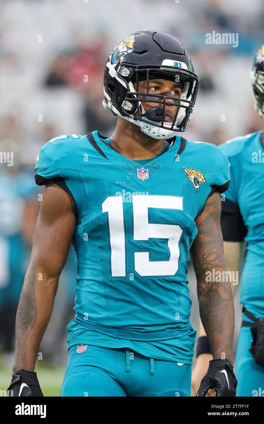 Jacksonville Jaguars wide receiver Tim Jones (15) looks to the sideline ...