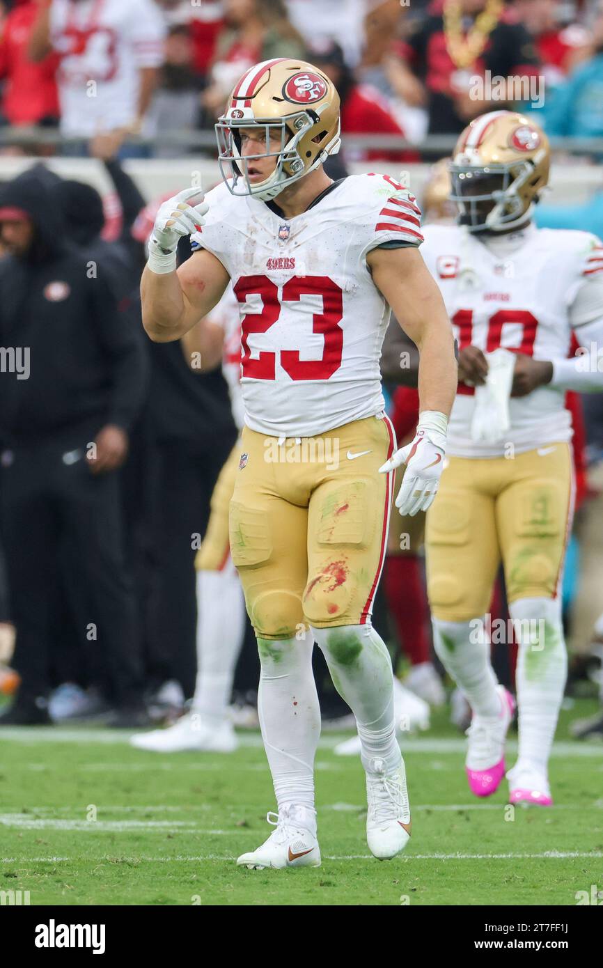 San Francisco 49ers running back Christian McCaffrey (23) walks to the ...