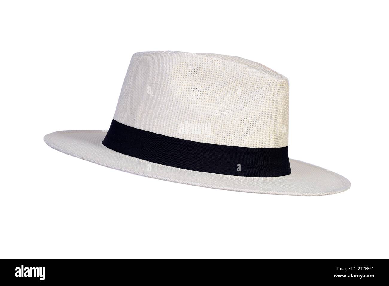 Panama hat style straw hat with black ribbon isolated on white ...