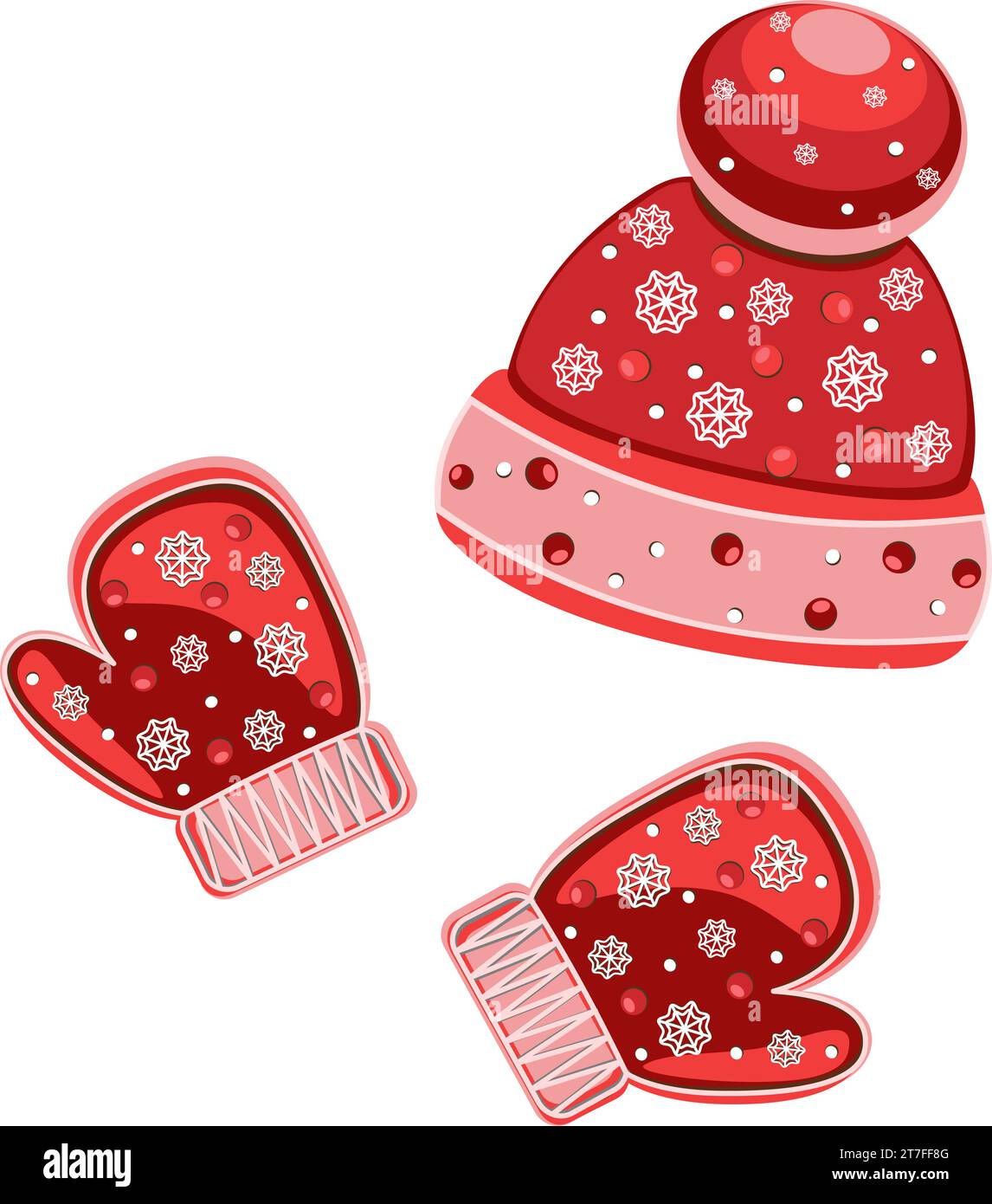 Set of red knitted mittens and hat with snowflakes. Vector illustration ...