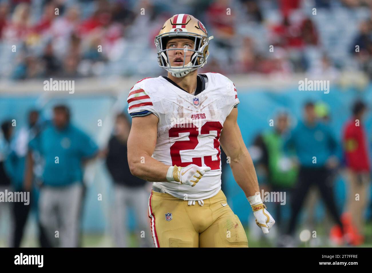 San Francisco 49ers running back Christian McCaffrey (23) watches a ...