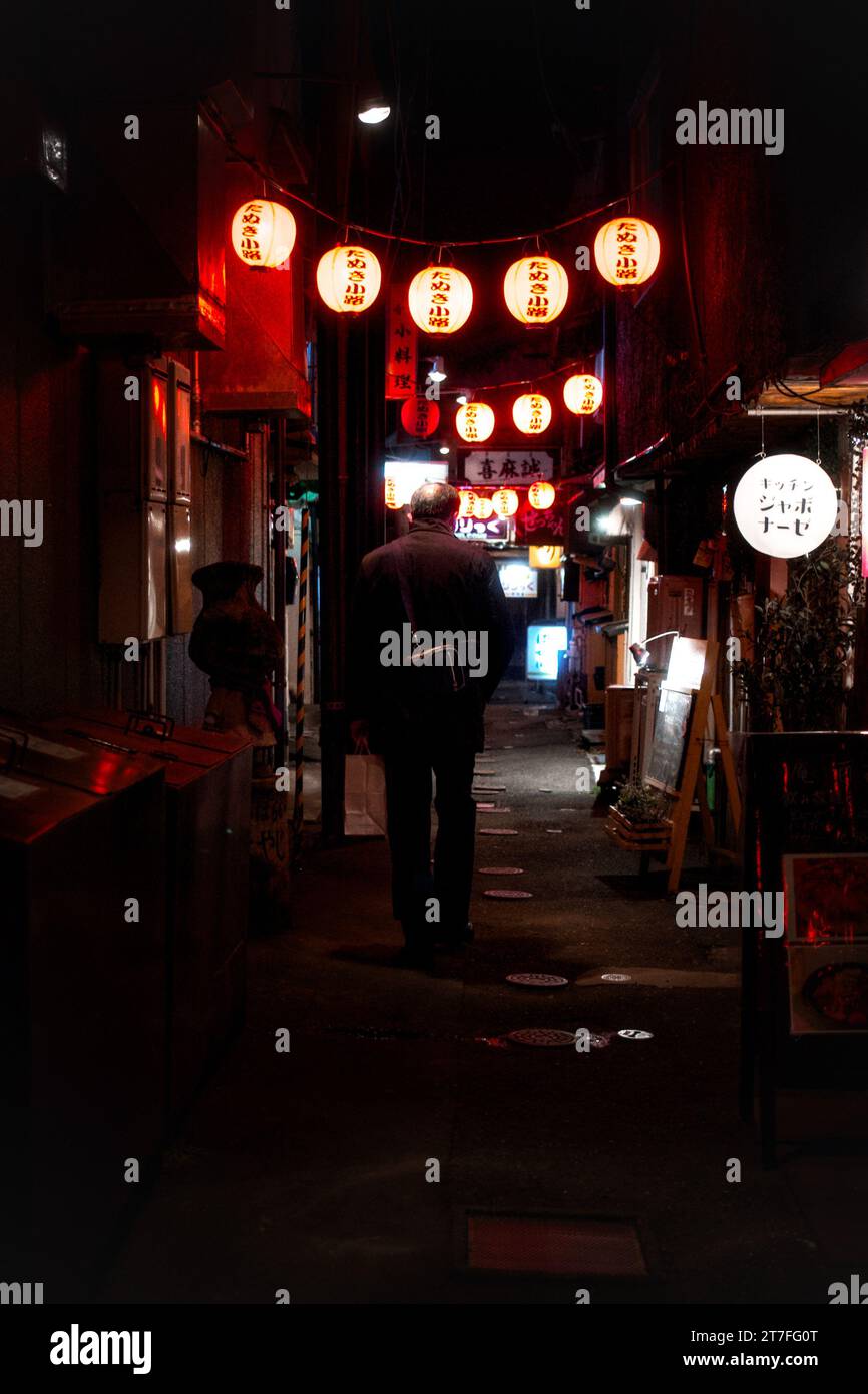 A dramatic scene of an alley in Japan red light district at night ...