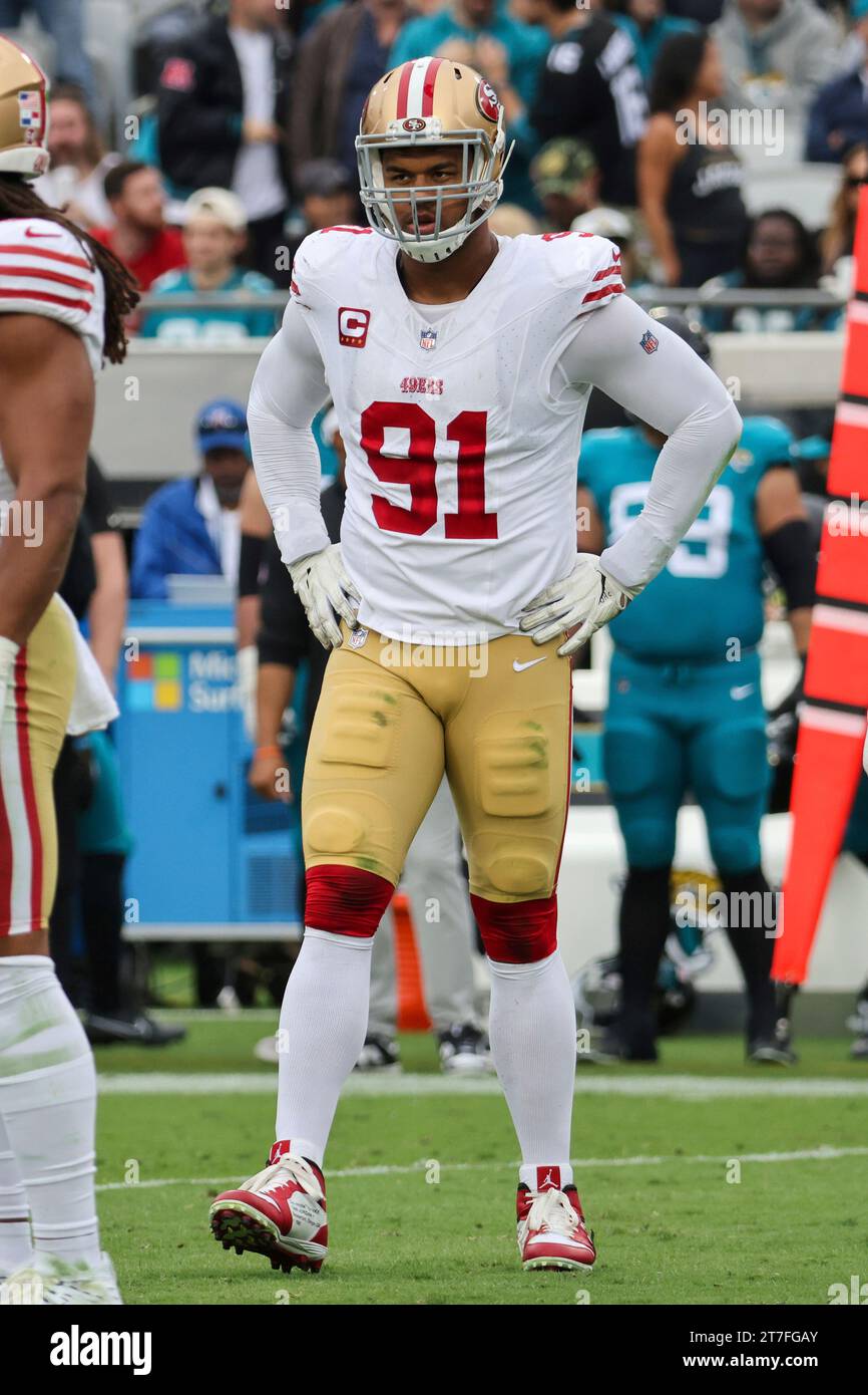 San Francisco 49ers defensive end Arik Armstead (91) walks to the line ...