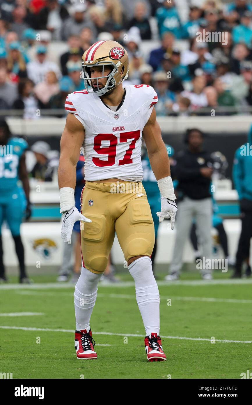 San Francisco 49ers defensive end Nick Bosa (97) walks to the line of ...