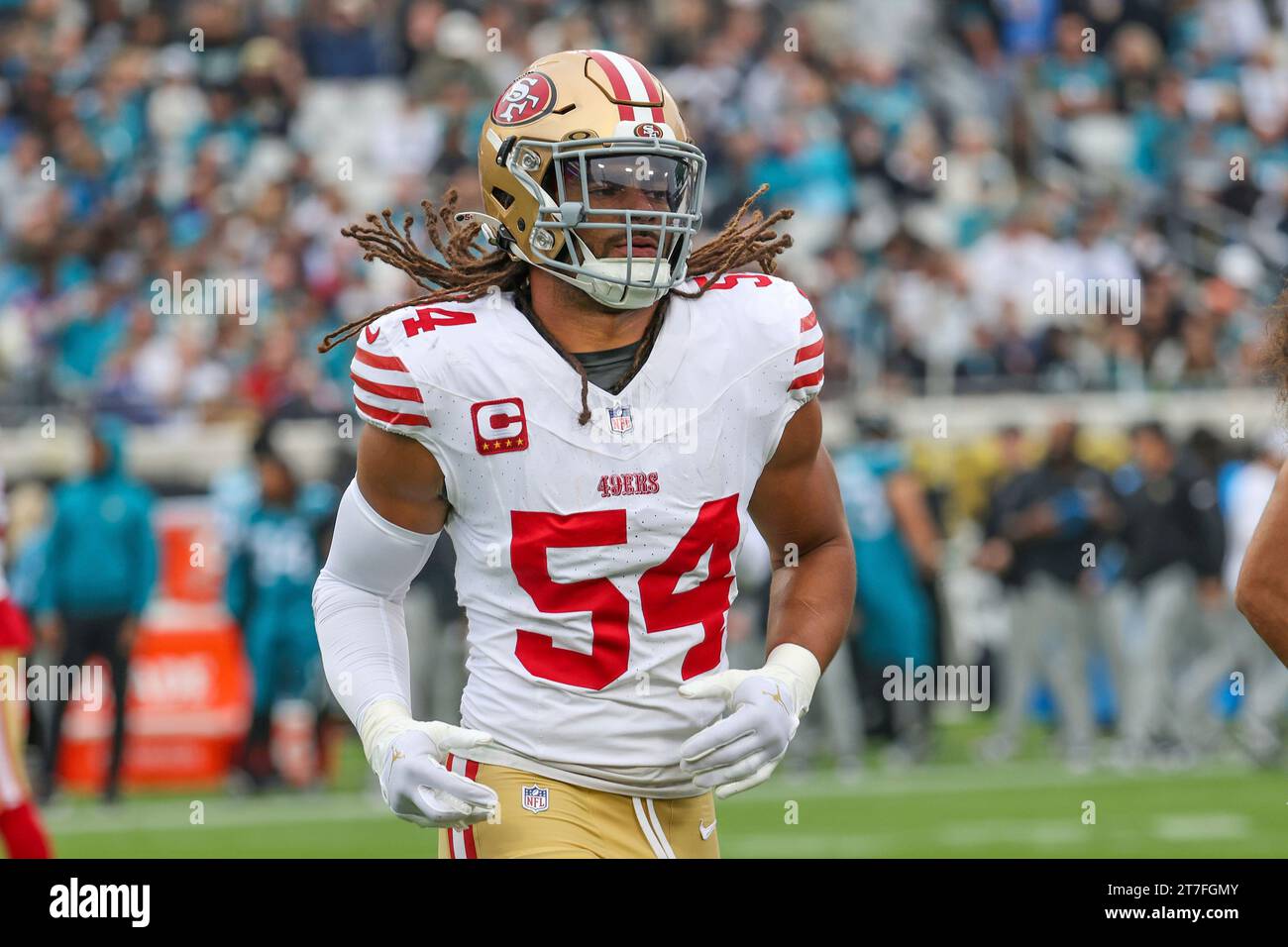 San Francisco 49ers linebacker Fred Warner (54) runs off the field ...