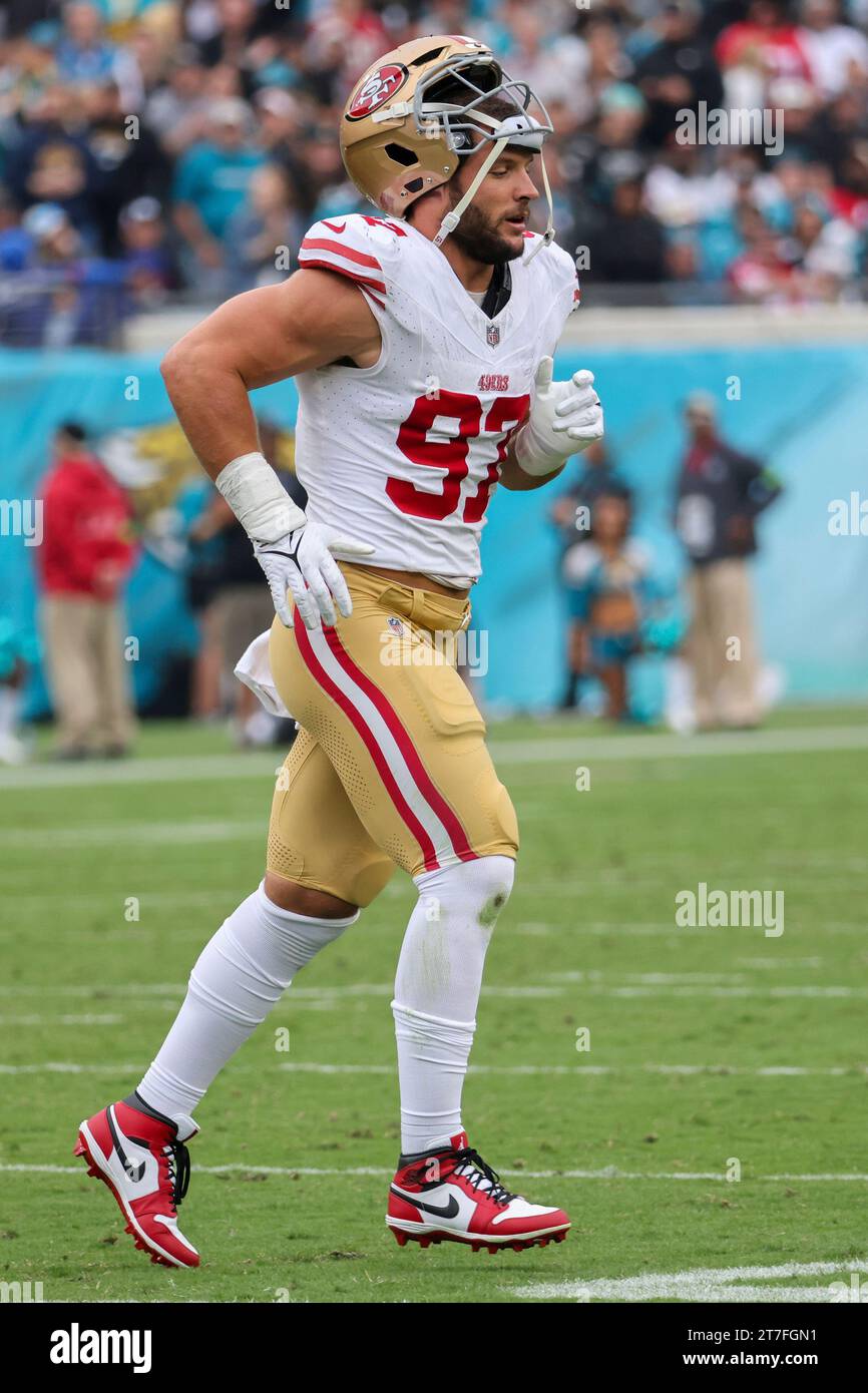 San Francisco 49ers defensive end Nick Bosa (97) runs off the field ...