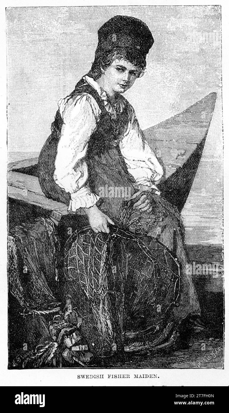 Engraved portrait of a Swedish fisher maiden with a net, sitting on the ...