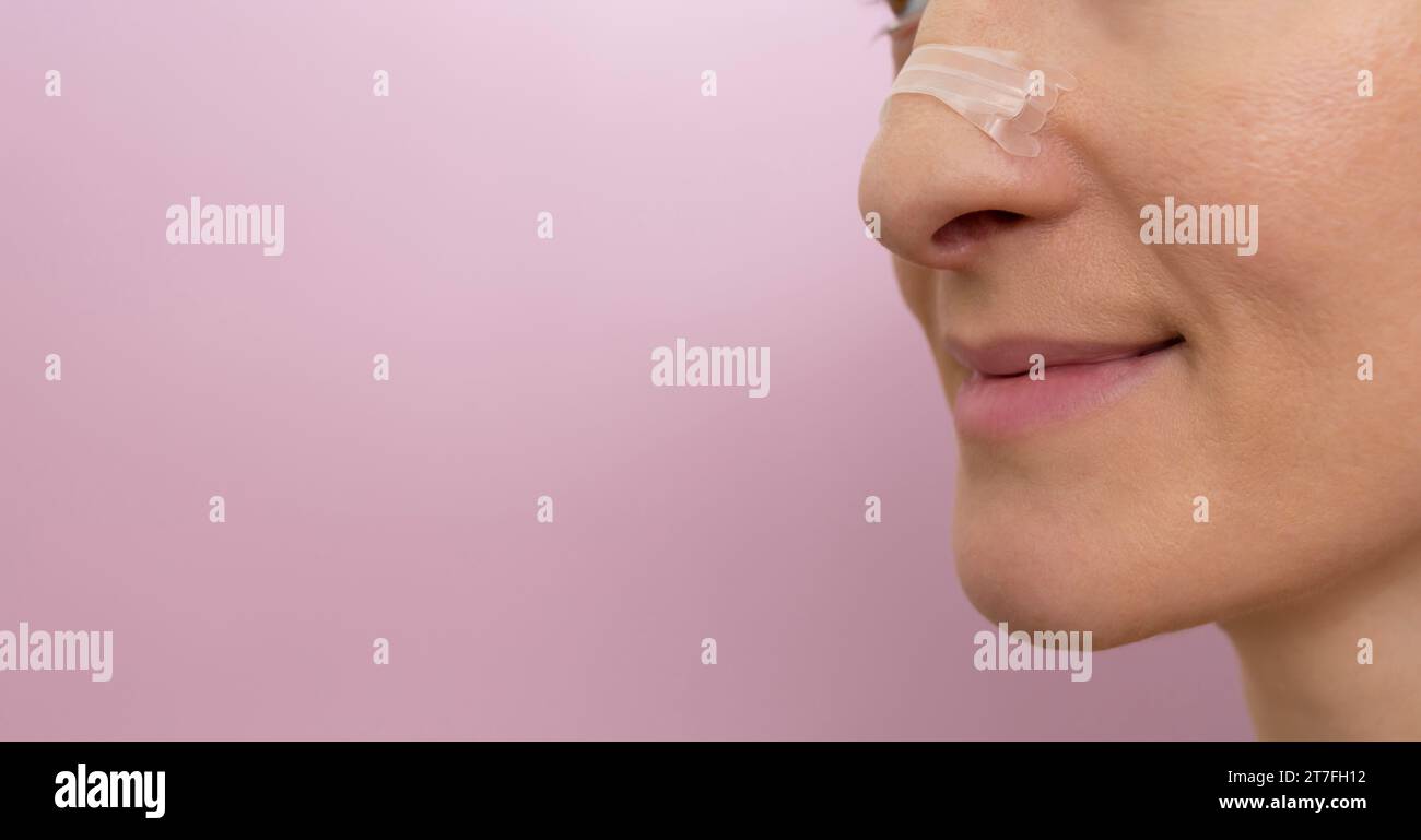 Mockup Closeup Nasal Strip on Female Nose on Pink Background. Stop Drug ...