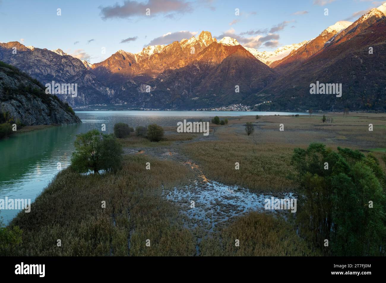 Aerial view of autumn lake panorama, Fall in Lake Como, Lombardy, Italy ...