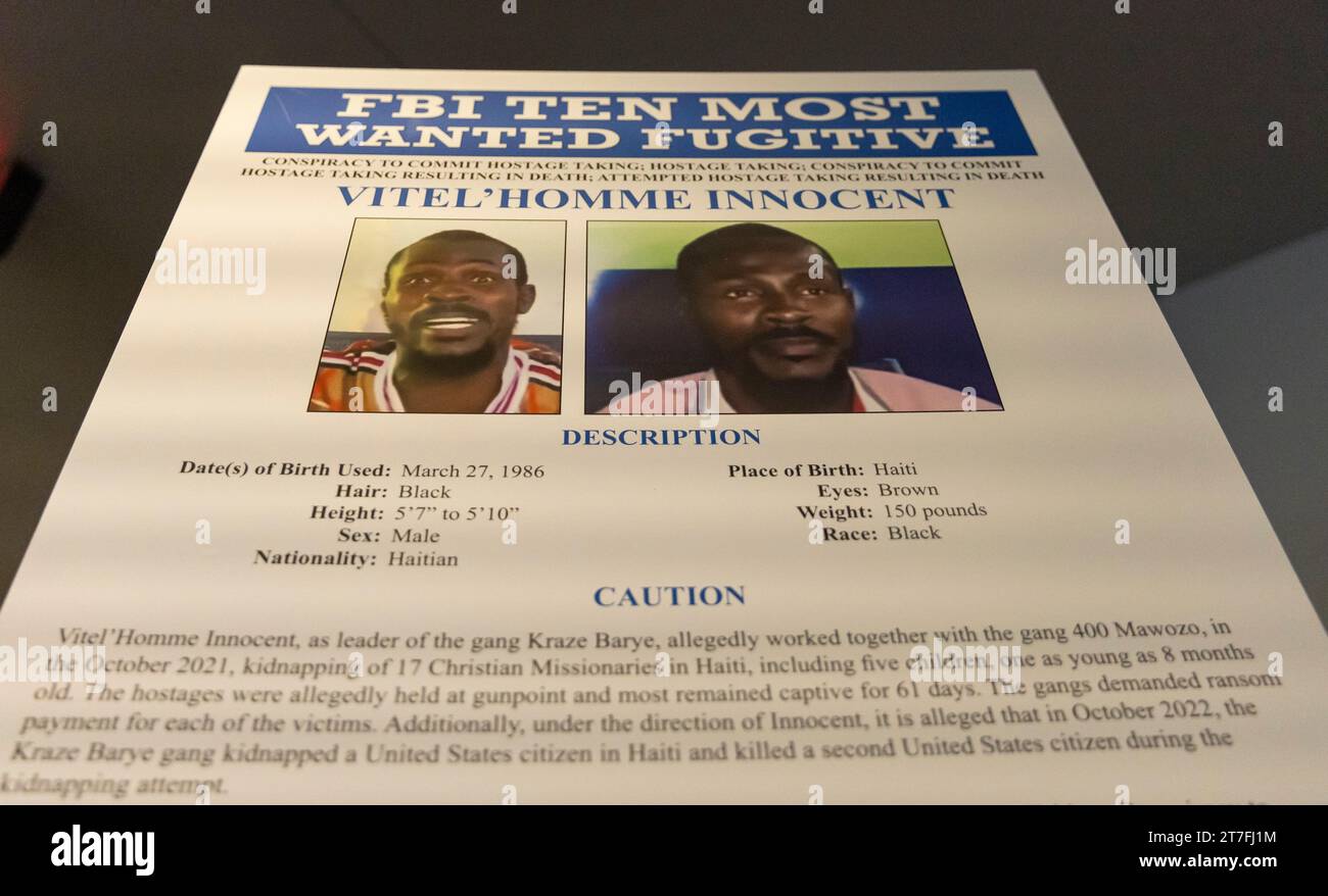 A wanted poster is seen during a press conference at the FBI Miami ...