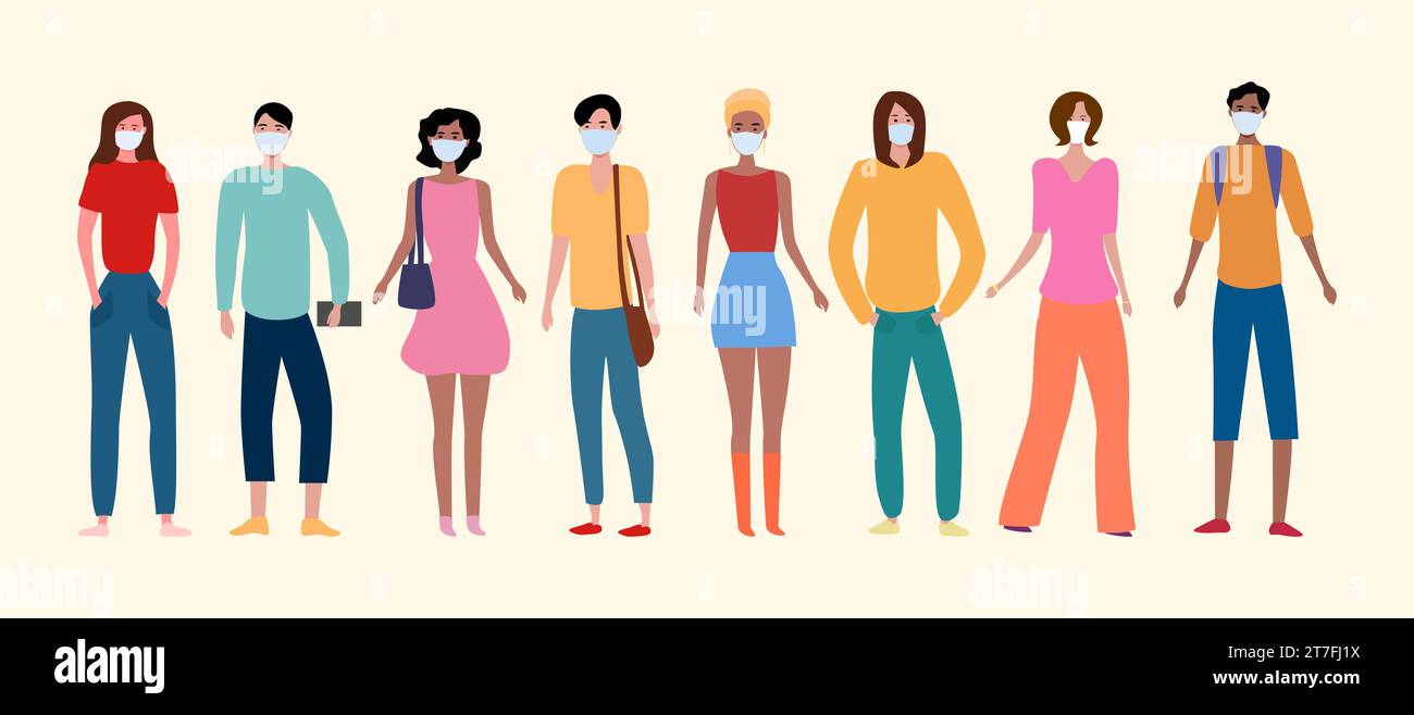 Young foreign students in masks on a white background. World medical ...