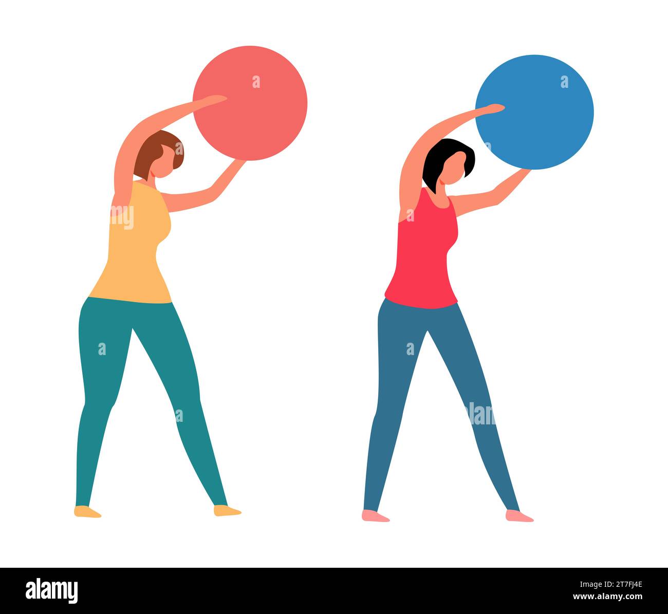 Cartoon fitness girls with fitball doing exercise for lifestyle design ...