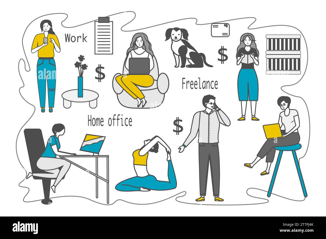 Cute doodle hand drawn set of men and women. Work at home. Freelance ...