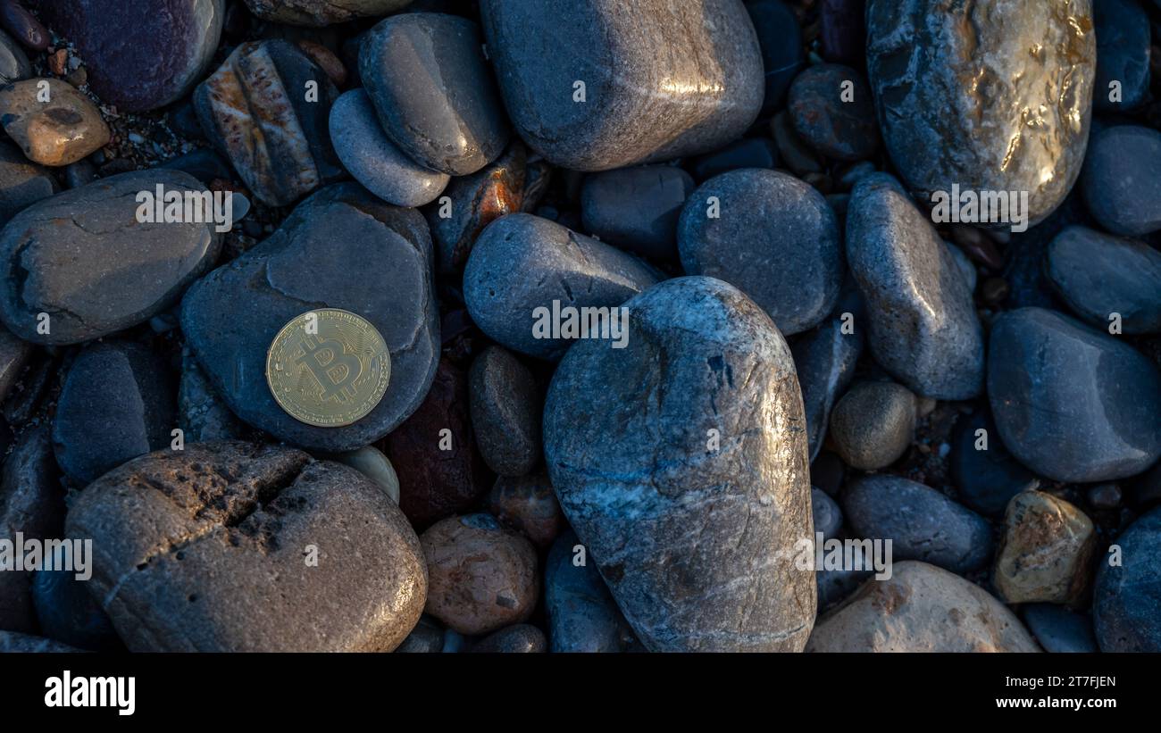 Bitcoin gold coin against the backdrop of large gray stones on the ...