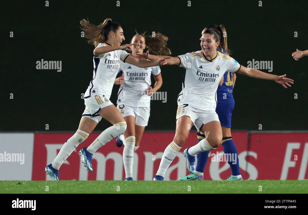 Real Madrid's Olga Carmona (left) celebrates scoring their side's first ...