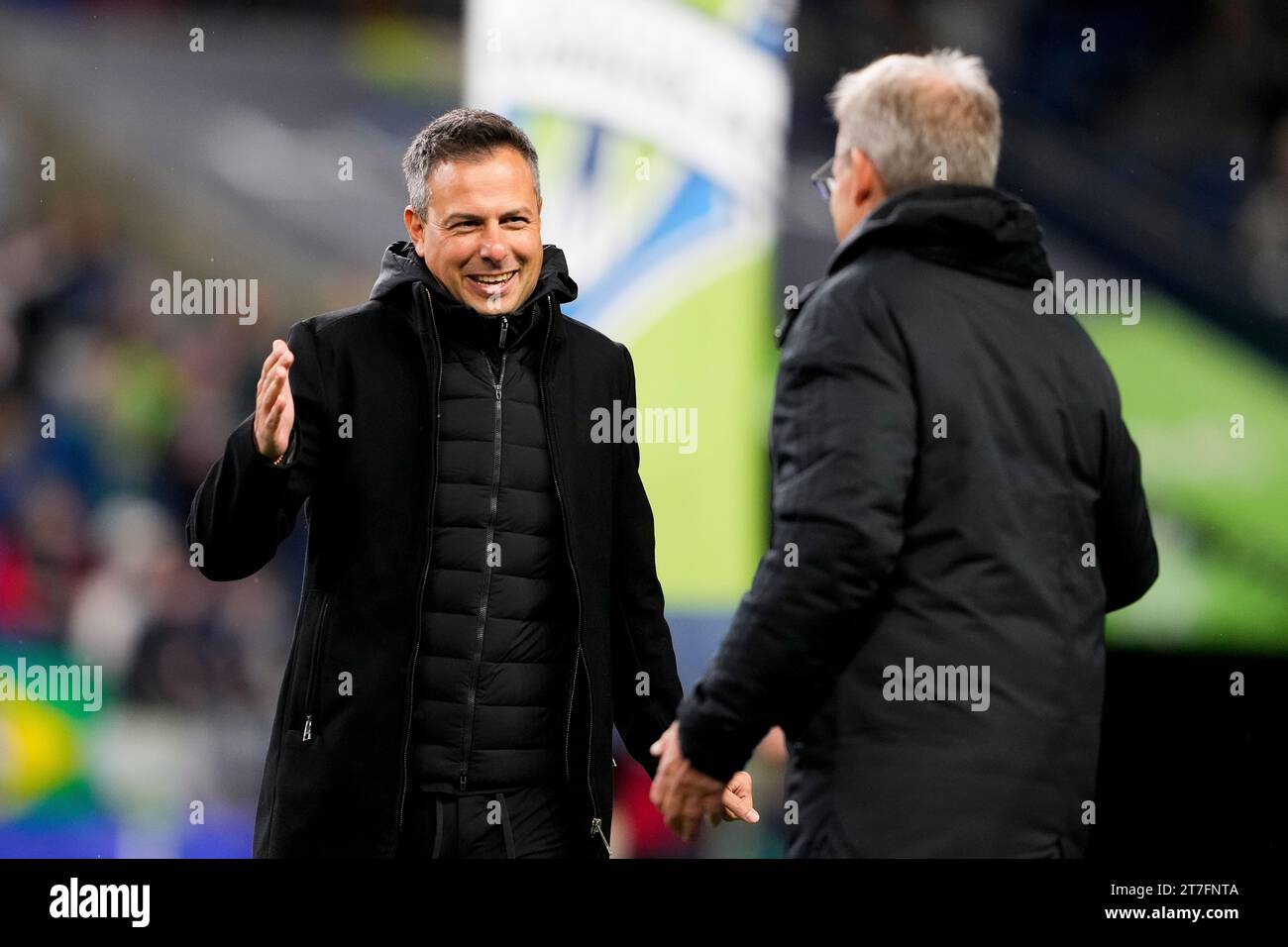 FC Dallas head coach Nico Estévez, left, greets Seattle Sounders head ...
