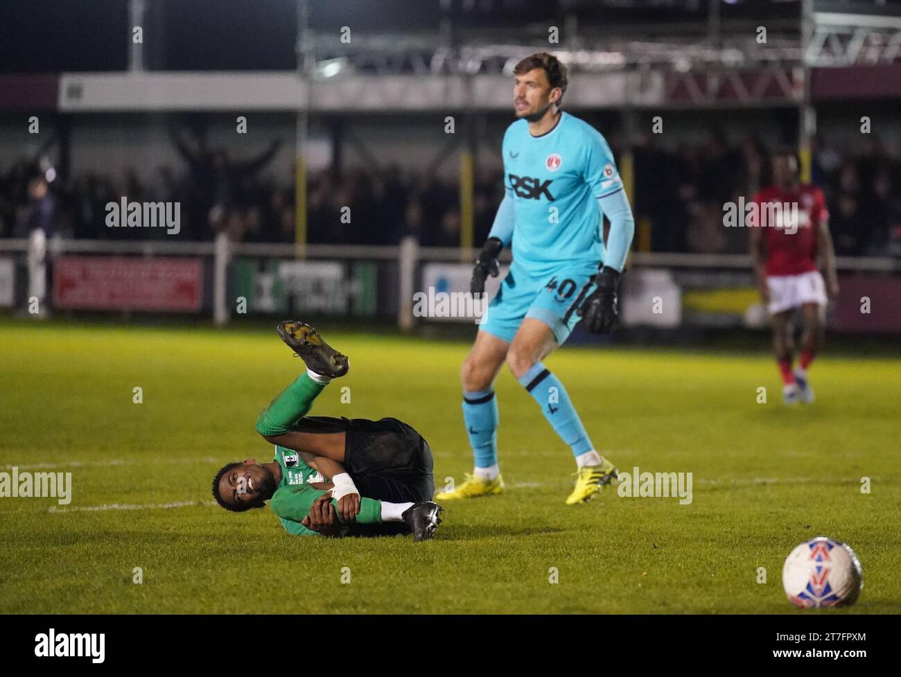 Cray Valley Paper Mills' Kyrell Lisbie is fouled by Charlton Athletic ...