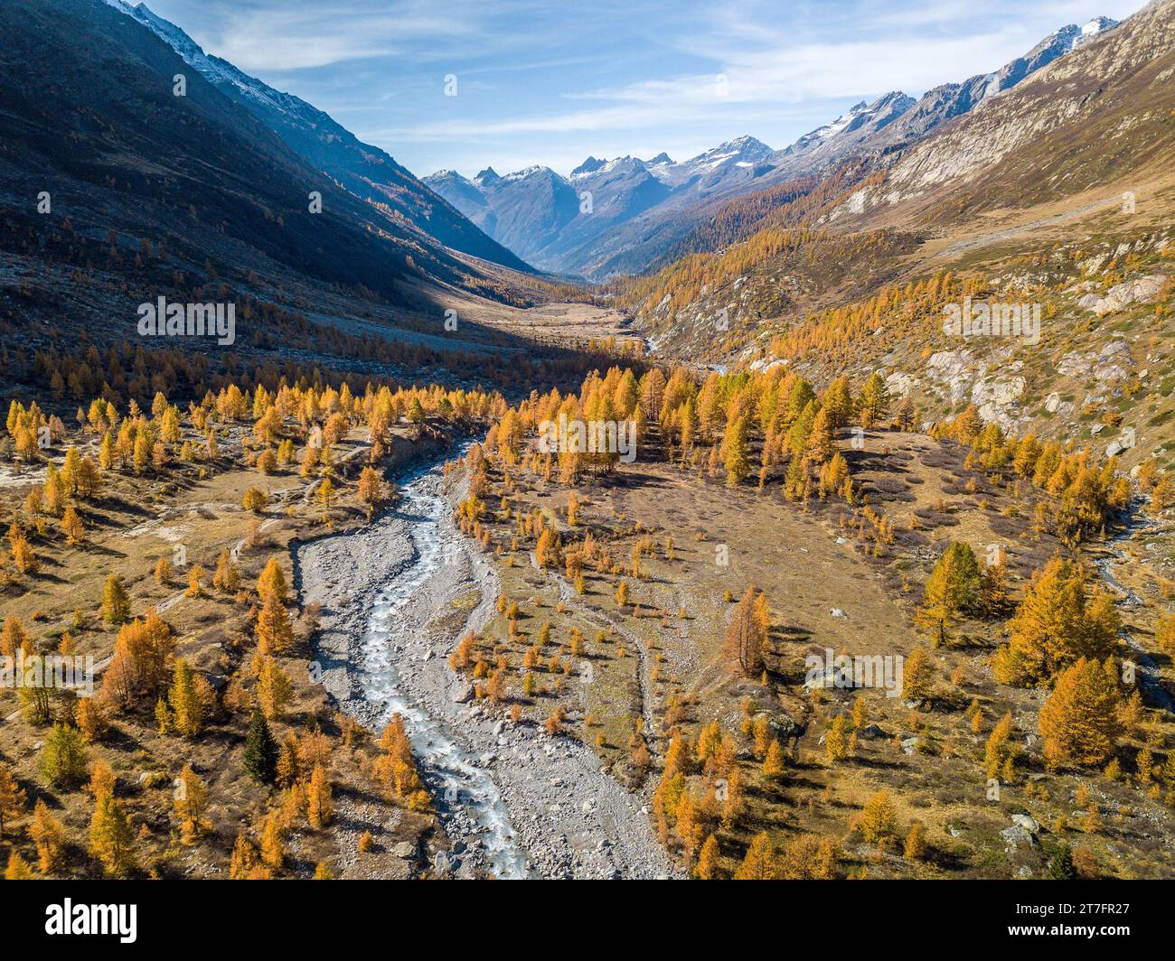 Aerial view of the Fafler in Lötschental valley in autumn season with ...