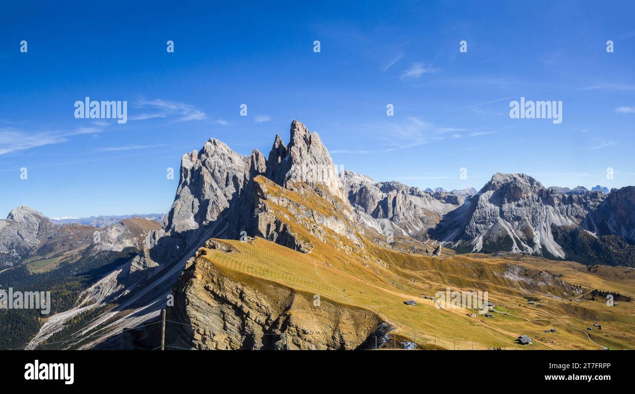 Panorama of the ridge of Seceda mountain peak and the Odle massif ...