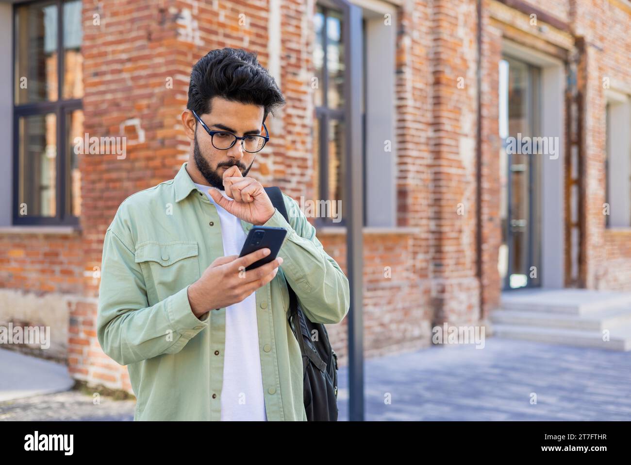 Upset and disappointed student with backpack outside university campus ...