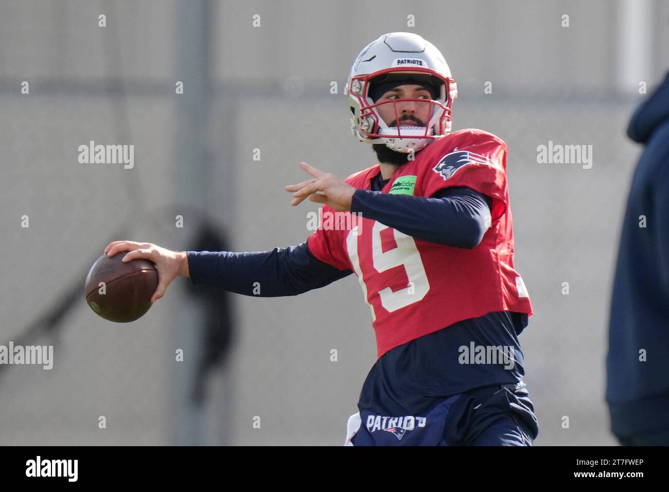 New England Patriots quarterback Will Grier (19) winds up to pass ...
