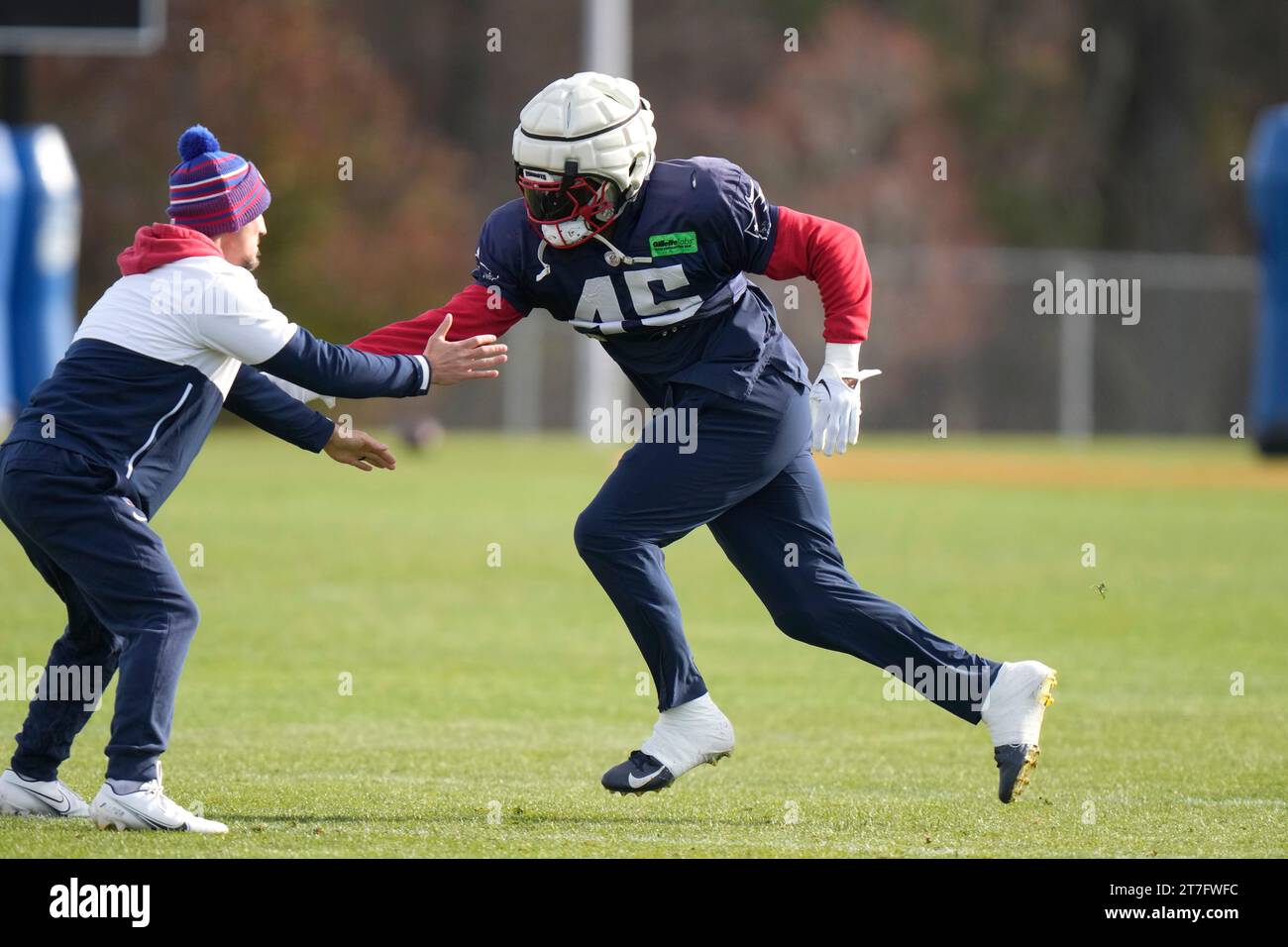 New England Patriots linebacker Chris Board (45) performs field drills during an NFL football ...