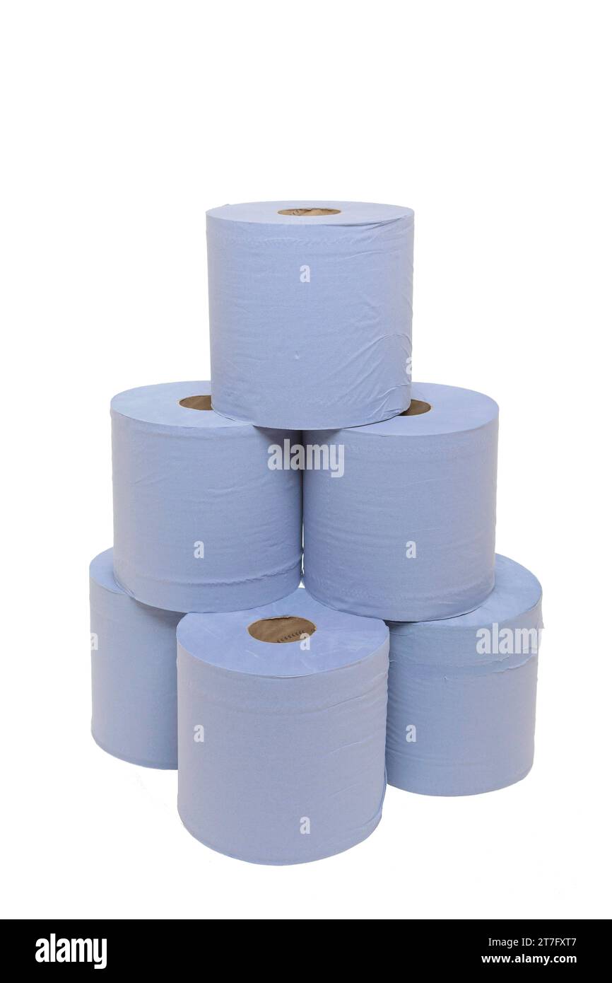 multi pack of six industrial sized blue paper towels stacked on top of ...