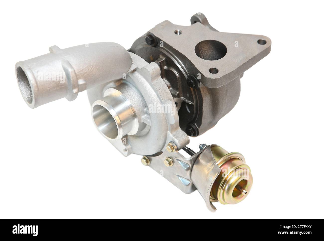 elevated, side on view of car turbo charger with pure white background ...