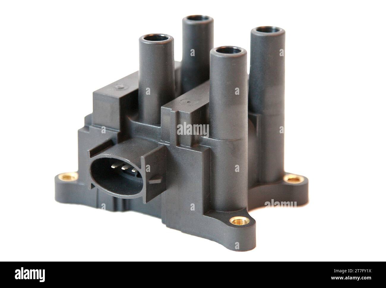 side on view of black ignition coil for a car against a pure white ...