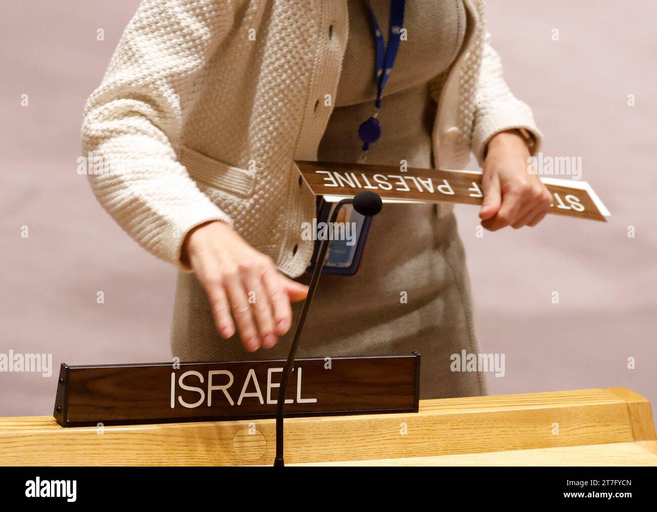 New York, United States. 15th Nov, 2023. Country name plates for Israel ...