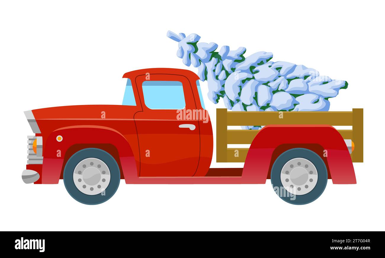 Side view of a red van with a Christmas tree in the back in cartoon ...