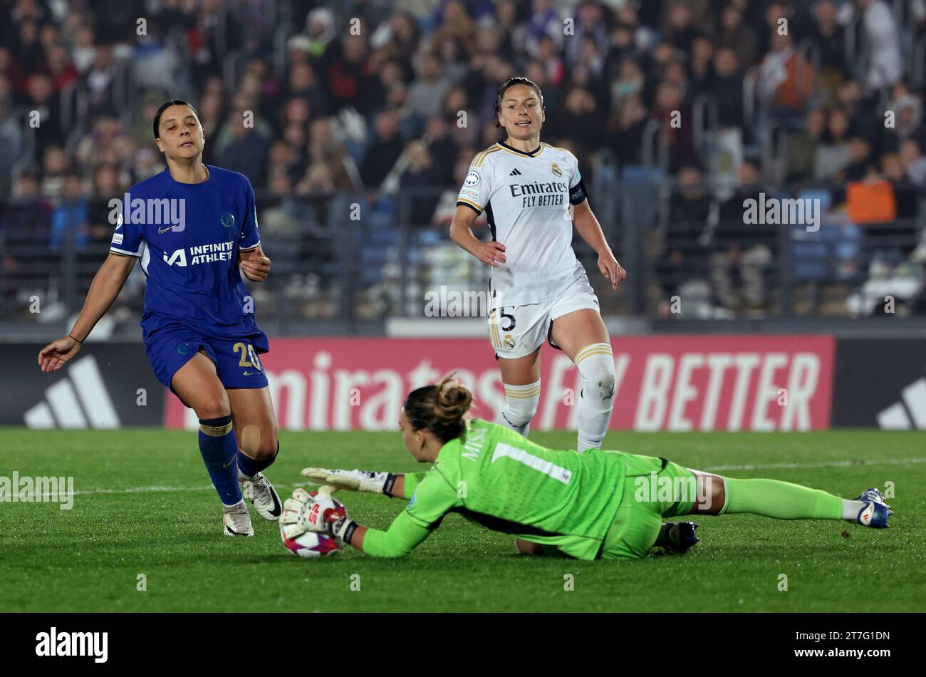 Real Madrid goalkeeper Misa Rodriguez saves from Chelsea's Sam Kerr ...