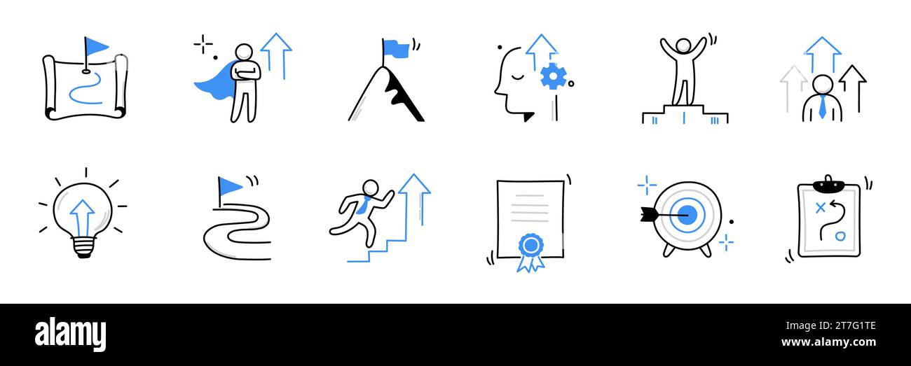 Business progress, challenge doodle icon set. Hand drawn sketch ...