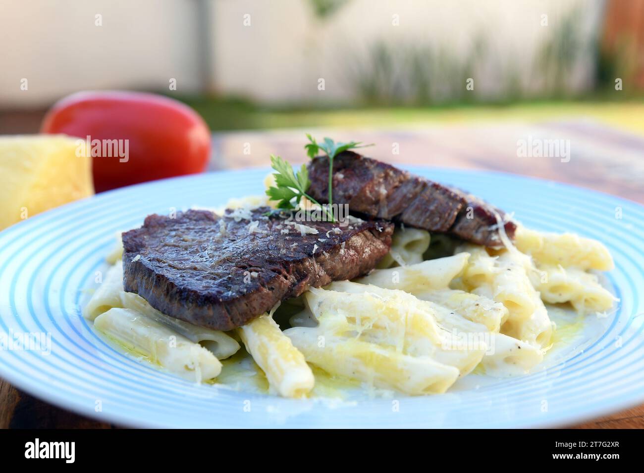 white sauce pasta and beef filet mignon with parmesan cheese, tomato ...