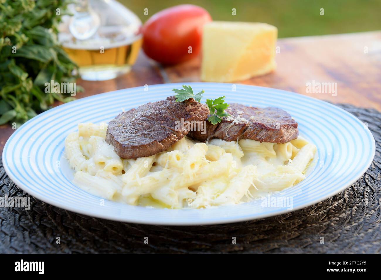 italian pasta white sauce pasta and beef filet mignon with parmesan ...