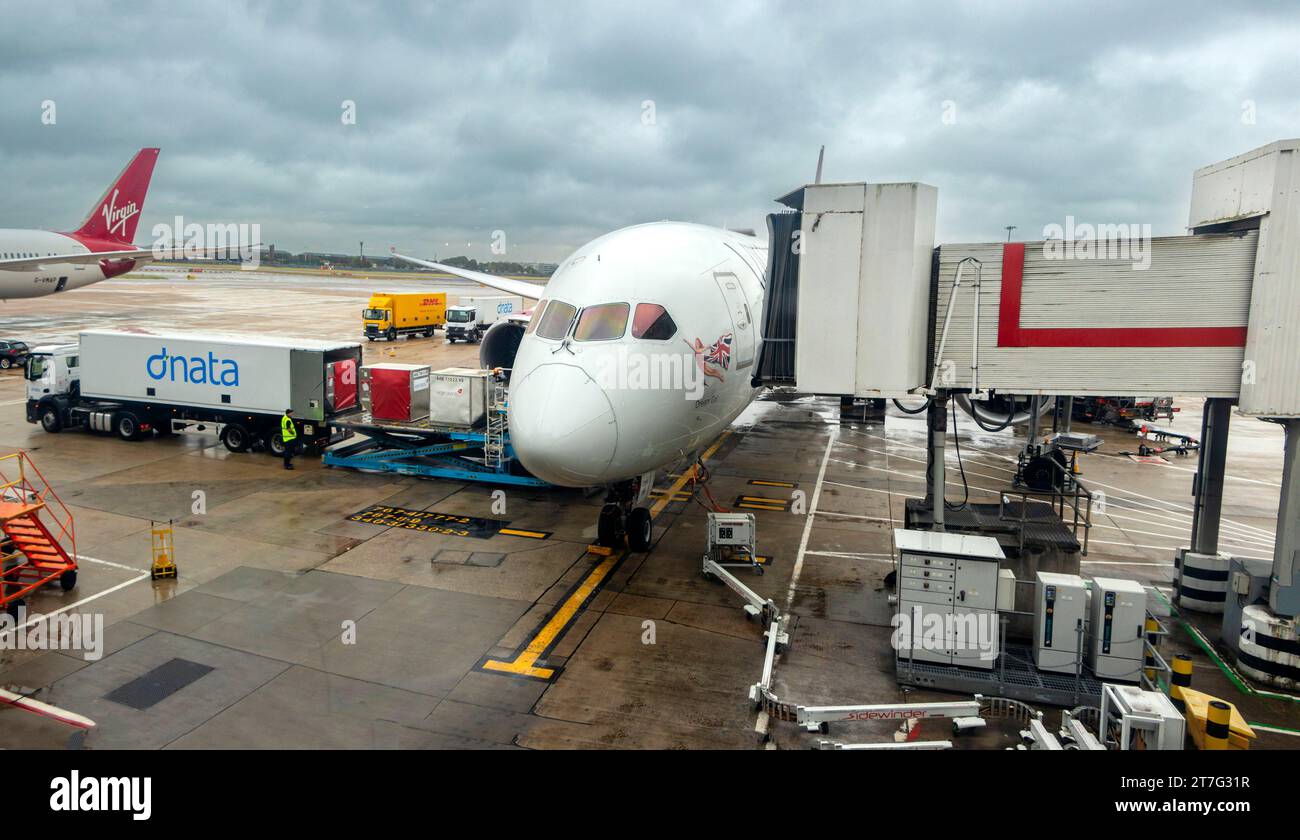 jetway and dnata catering truck next to Virgin Boeing 787 at LAX Los ...