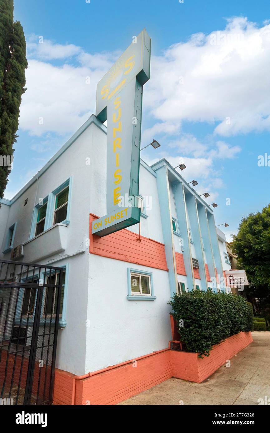vintage motel on sunset boulevard with original fetures in pastel ...