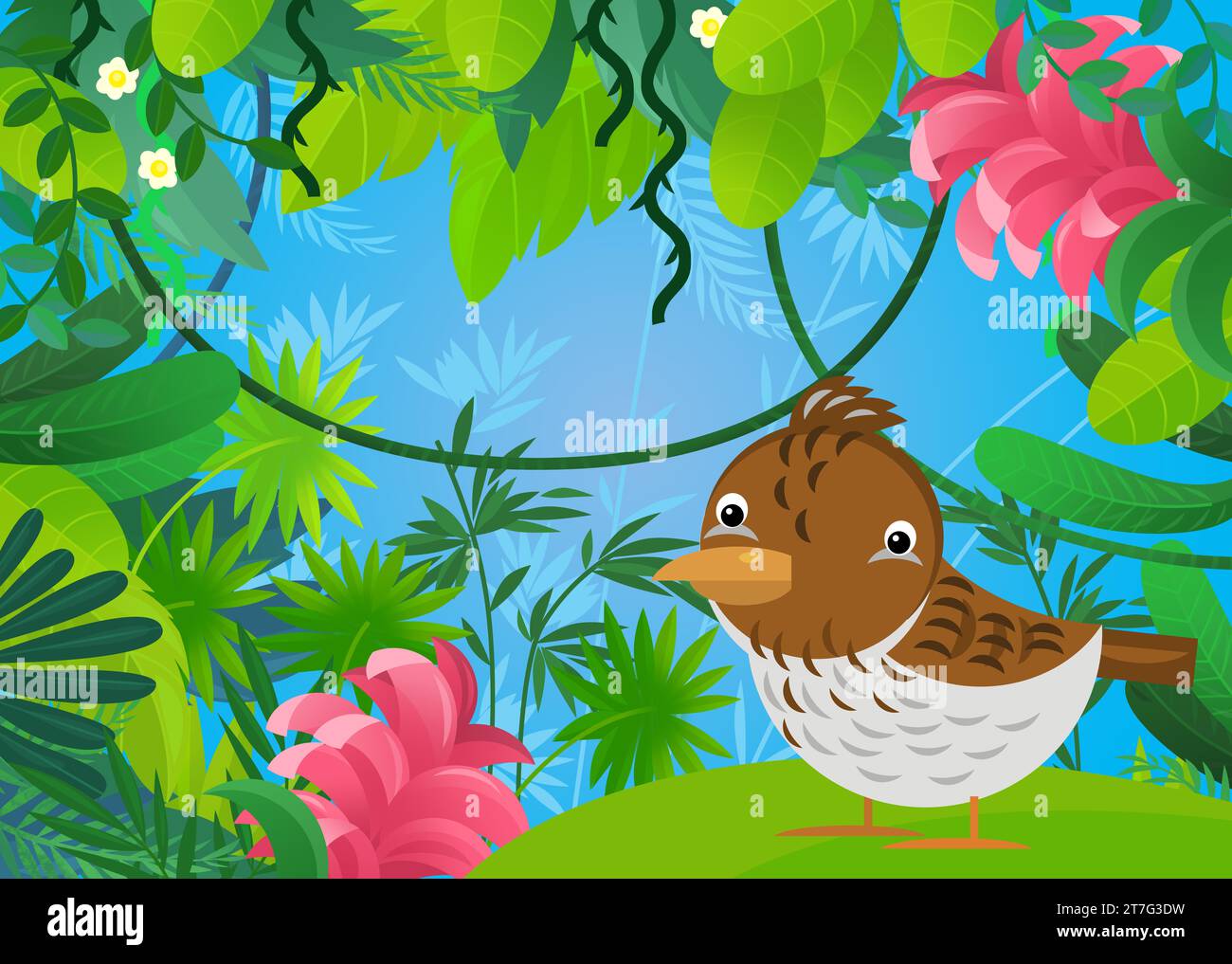 cartoon scene with forest and animal creature bird lard illustration ...