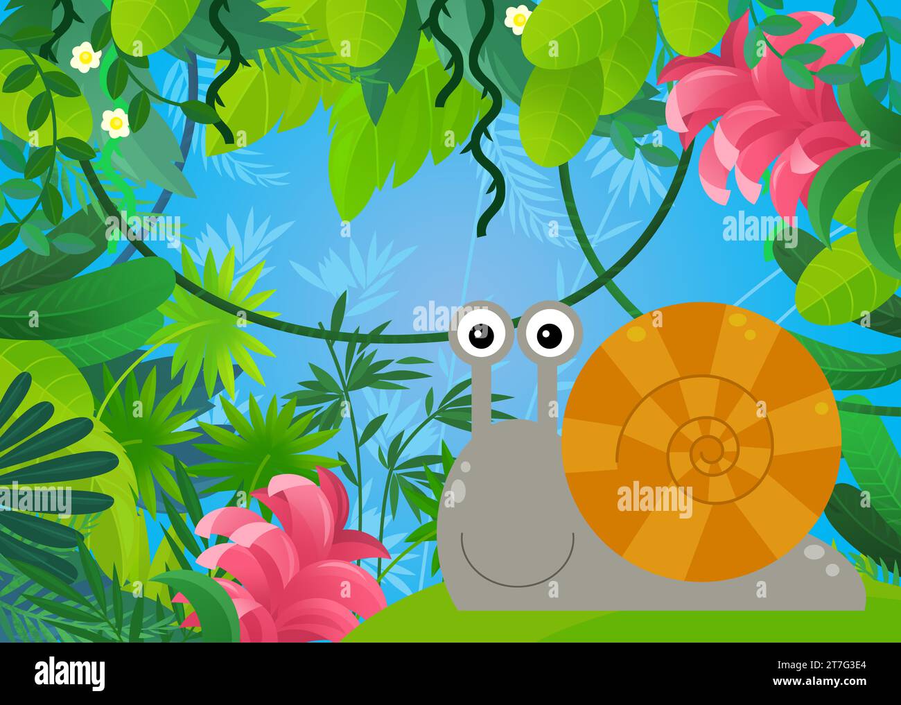cartoon scene with forest and animal creature insect snail illustration ...