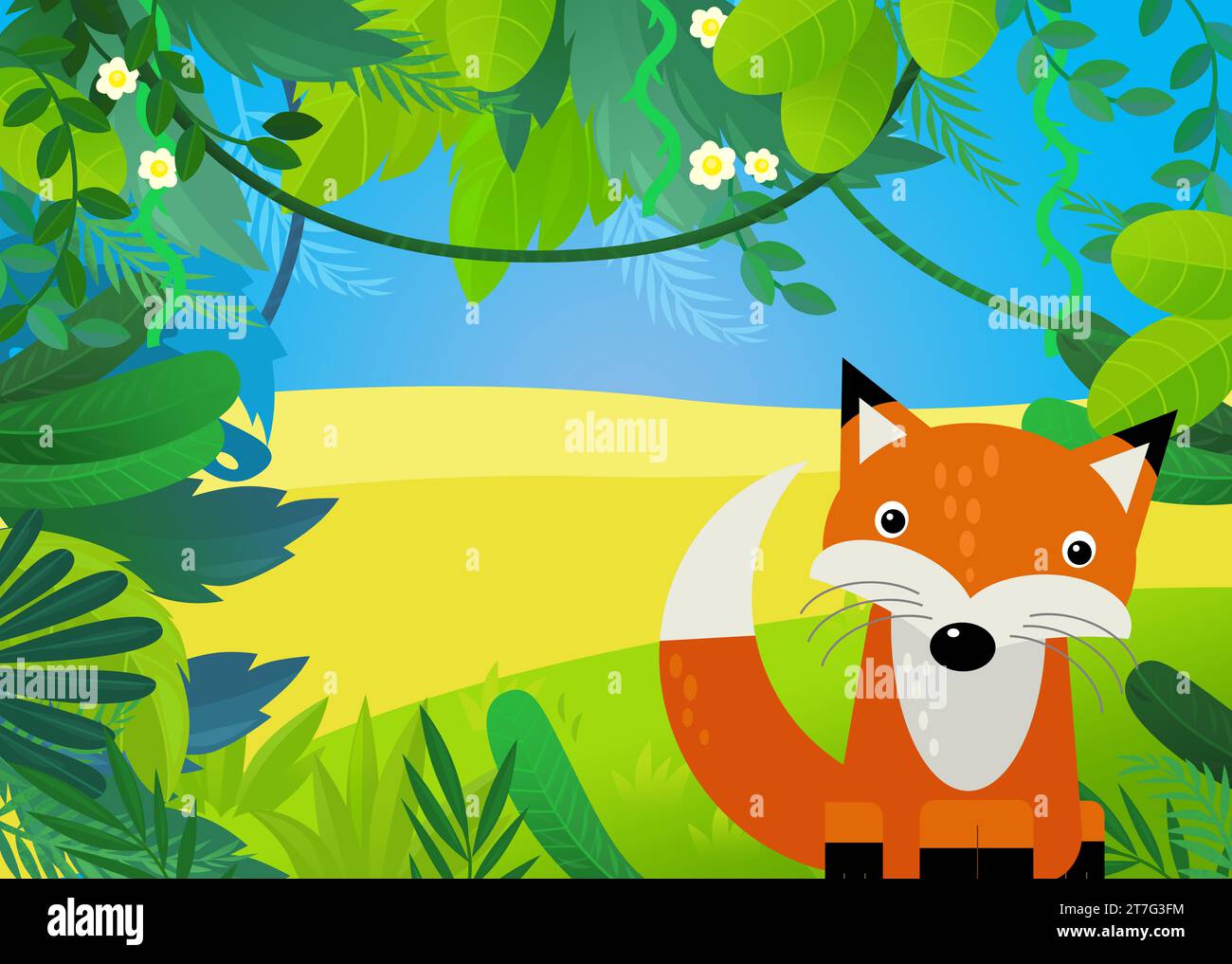 cartoon scene with forest and animal fox illustration for kids Stock ...