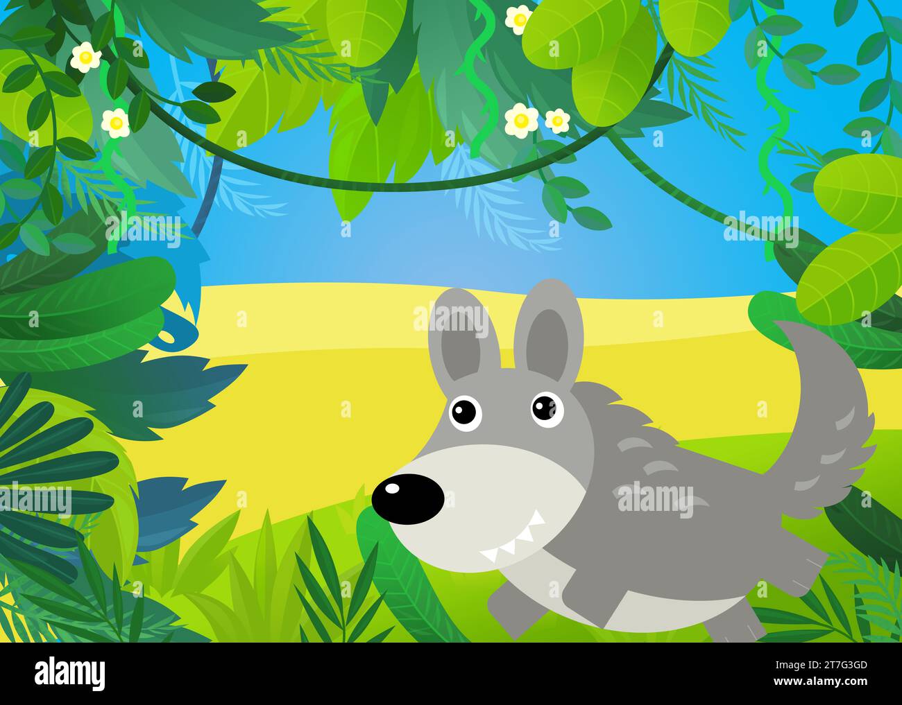 cartoon scene with forest and wolf running illustration for kids Stock ...
