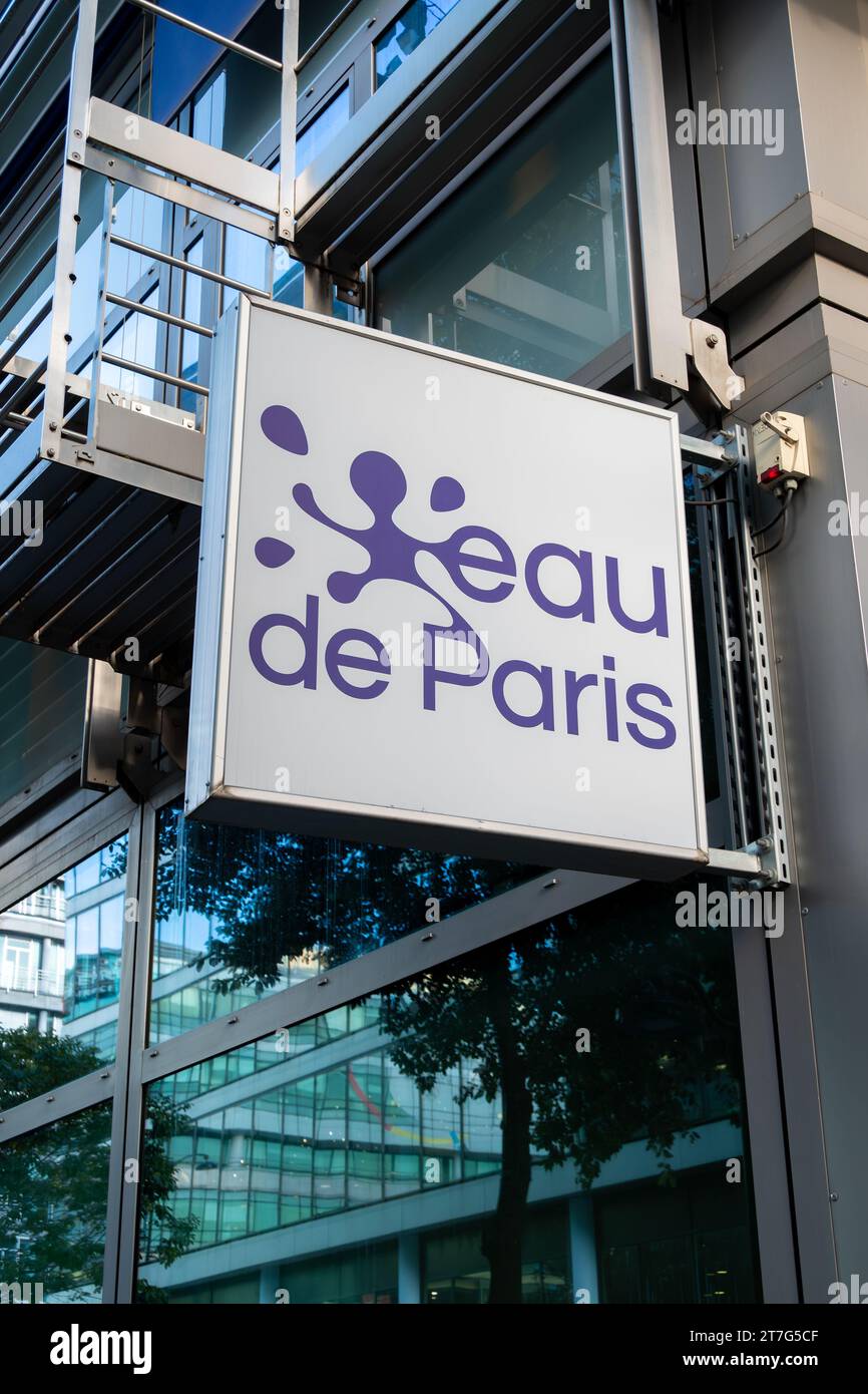 Sign and logo on the headquarters of Eau de Paris, a publicly owned ...