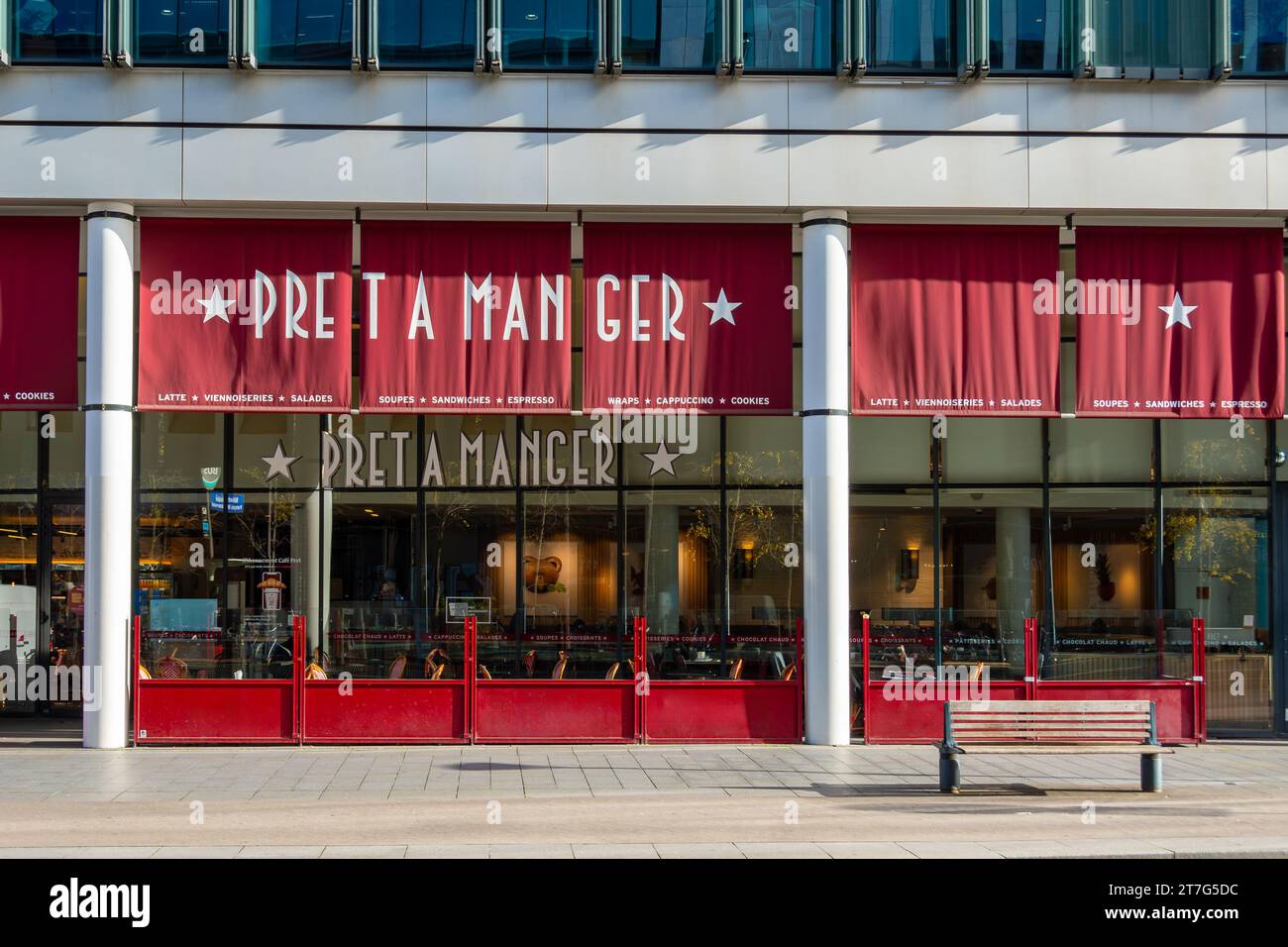 Exterior view of a Pret A Manger restaurant. Pret A Manger, also called ...