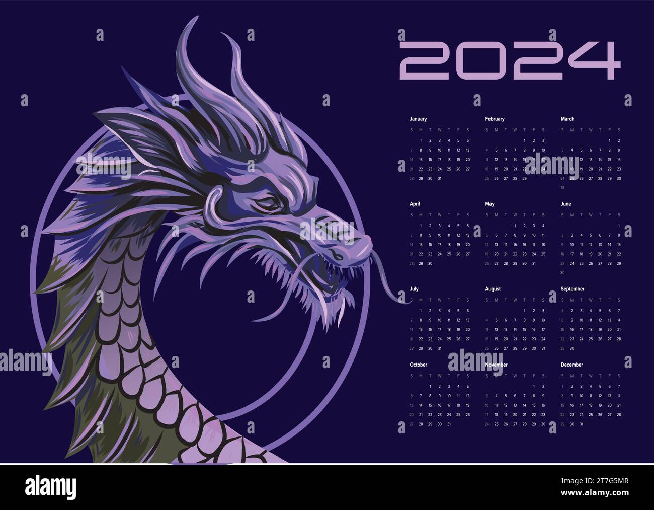 Calendar Dragon 2024. Vector poster calendar oriental Chinese New Year ...